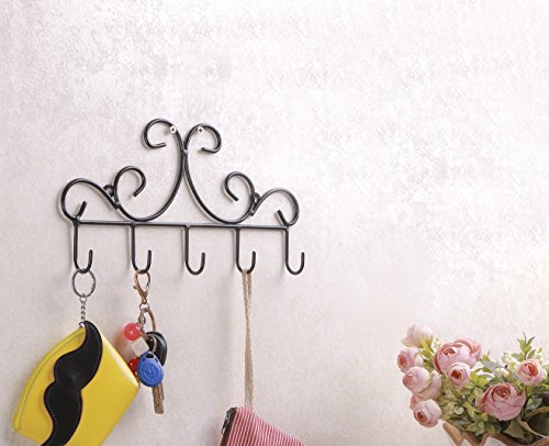 Wall Mounted Metal Hooks/Hangers - Door Hangers/Hooks - Decorative Organizer Rack with 6 Hooks for Keys Clothes Coats Hats Belts Towels Scarves Pots Cups Bags Kitchen Bathroom Garden (Black) (LSYY001)