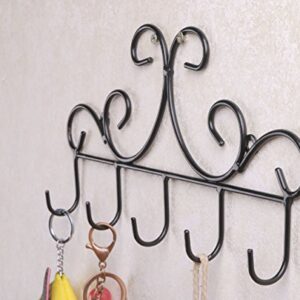 Wall Mounted Metal Hooks/Hangers - Door Hangers/Hooks - Decorative Organizer Rack with 6 Hooks for Keys Clothes Coats Hats Belts Towels Scarves Pots Cups Bags Kitchen Bathroom Garden (Black) (LSYY001)