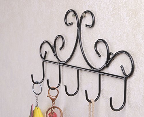 Wall Mounted Metal Hooks/Hangers - Door Hangers/Hooks - Decorative Organizer Rack with 6 Hooks for Keys Clothes Coats Hats Belts Towels Scarves Pots Cups Bags Kitchen Bathroom Garden (Black) (LSYY001)