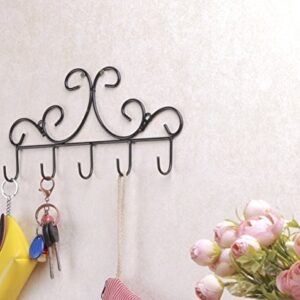 Wall Mounted Metal Hooks/Hangers - Door Hangers/Hooks - Decorative Organizer Rack with 6 Hooks for Keys Clothes Coats Hats Belts Towels Scarves Pots Cups Bags Kitchen Bathroom Garden (Black) (LSYY001)