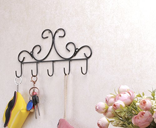 Wall Mounted Metal Hooks/Hangers - Door Hangers/Hooks - Decorative Organizer Rack with 6 Hooks for Keys Clothes Coats Hats Belts Towels Scarves Pots Cups Bags Kitchen Bathroom Garden (Black) (LSYY001)