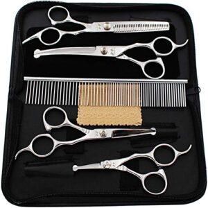 dog grooming scissors kit with round tip, set of 5 cat dog scissors, stainless steel pet grooming shears, straight, curved, thinning shears, comb for full body, face, nose, ear & paw