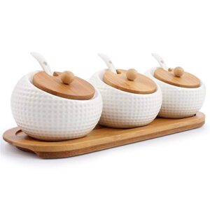 porcelain condiment jar spice container with lids - bamboo cap holder spot, ceramic serving spoon, wooden tray - best pottery cruet pot for your home, kitchen, counter. white,170 ml (5.8 oz), set of 3