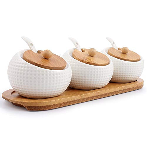 Porcelain Condiment Jar Spice Container with Lids - Bamboo Cap Holder Spot, Ceramic Serving Spoon, Wooden Tray - Best Pottery Cruet Pot for Your Home, Kitchen, Counter. White,170 ML (5.8 OZ), Set of 3