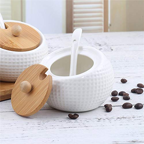 Porcelain Condiment Jar Spice Container with Lids - Bamboo Cap Holder Spot, Ceramic Serving Spoon, Wooden Tray - Best Pottery Cruet Pot for Your Home, Kitchen, Counter. White,170 ML (5.8 OZ), Set of 3