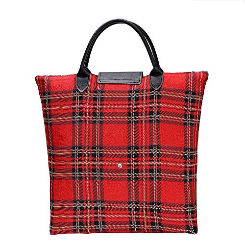 Signare Tapestry Foldable Tote Bag Reusable Shopping Bag Grocery Bag with Red Royal Stewart Tartan Design (FDAW-RSTT)