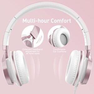 AILIHEN MS300 Wired Headphones with Microphone for Chromebook Laptop Computer, 3.5mm Foldable Kids Headphones for School Teens Girls (Rose Gold)