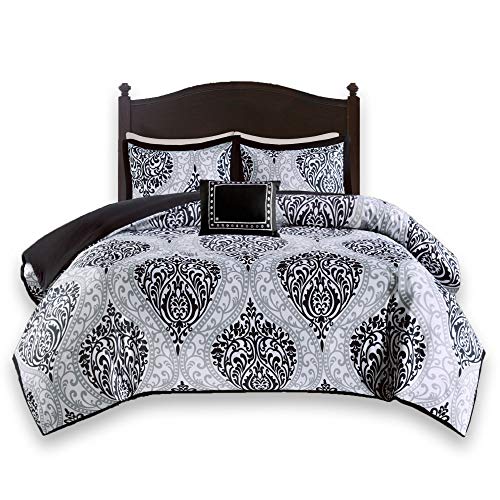 Comfort Spaces Cozy Comforter Set-Modern Casual Boho Bedding Set, Matching Sham, Decorative Pillow, Full/Queen(90"x90"), Coco Damask Black/White 4 Piece