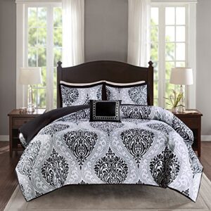 comfort spaces cozy comforter set-modern casual boho bedding set, matching sham, decorative pillow, full/queen(90"x90"), coco damask black/white 4 piece