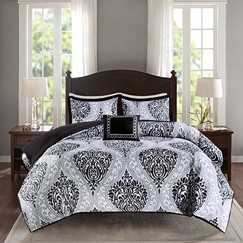 Comfort Spaces Cozy Comforter Set-Modern Casual Boho Bedding Set, Matching Sham, Decorative Pillow, Full/Queen(90"x90"), Coco Damask Black/White 4 Piece