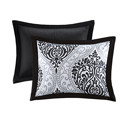 Comfort Spaces Cozy Comforter Set-Modern Casual Boho Bedding Set, Matching Sham, Decorative Pillow, Full/Queen(90"x90"), Coco Damask Black/White 4 Piece