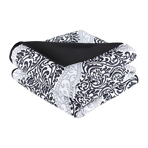 Comfort Spaces Cozy Comforter Set-Modern Casual Boho Bedding Set, Matching Sham, Decorative Pillow, Full/Queen(90"x90"), Coco Damask Black/White 4 Piece