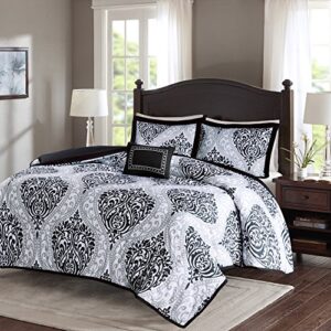 Comfort Spaces Cozy Comforter Set-Modern Casual Boho Bedding Set, Matching Sham, Decorative Pillow, Full/Queen(90"x90"), Coco Damask Black/White 4 Piece