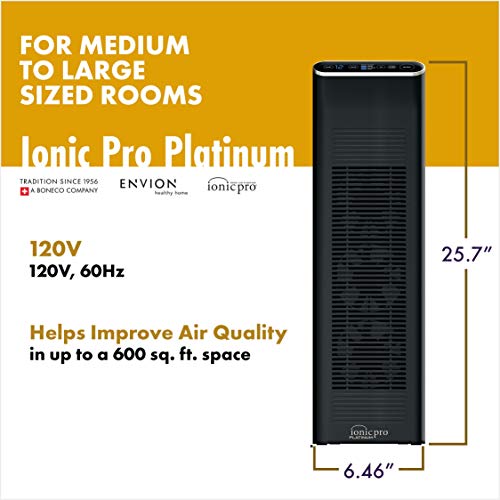 Envion by Boneco - Ionic Pro Platinum - Negative Ion Air Purifier Tower - Truly Silent Operation – High Performing Unique No Filter Design - Removes Odors, Smoke, Mold, Pet Dander - 500 Sq Ft Capacity