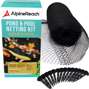 AlpineReach Koi Pond Netting Kit 15 x 20 ft Black Heavy Duty Woven Fine Mesh Net Cover for Leaves - Protects Koi Fish from Blue Heron Birds, Cats & Predators – Reusable & Stakes Included