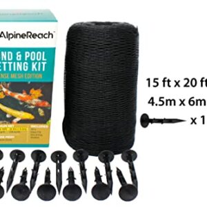 AlpineReach Koi Pond Netting Kit 15 x 20 ft Black Heavy Duty Woven Fine Mesh Net Cover for Leaves - Protects Koi Fish from Blue Heron Birds, Cats & Predators – Reusable & Stakes Included