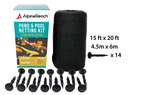 AlpineReach Koi Pond Netting Kit 15 x 20 ft Black Heavy Duty Woven Fine Mesh Net Cover for Leaves - Protects Koi Fish from Blue Heron Birds, Cats & Predators – Reusable & Stakes Included