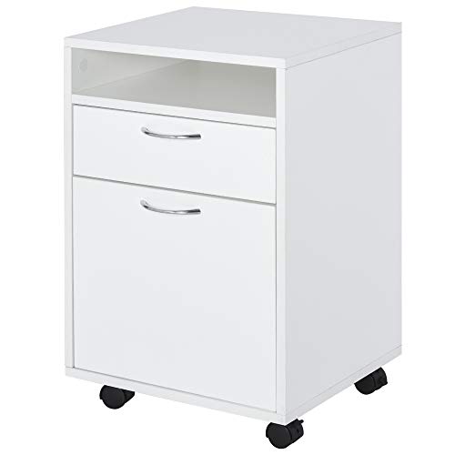 HOMCOM Mobile Storage Cabinet Organizer with Drawer and Cabinet, Printer Stand with Castors, White