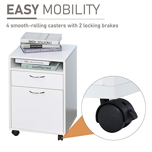 HOMCOM Mobile Storage Cabinet Organizer with Drawer and Cabinet, Printer Stand with Castors, White