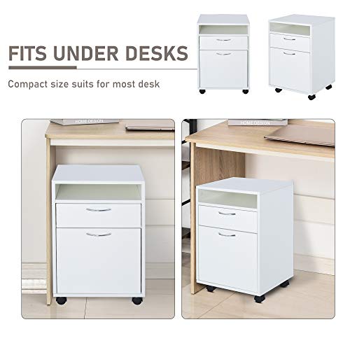 HOMCOM Mobile Storage Cabinet Organizer with Drawer and Cabinet, Printer Stand with Castors, White