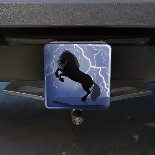 Black Friesian Horse Rearing Up in Storm Tow Trailer Hitch Cover Plug Insert