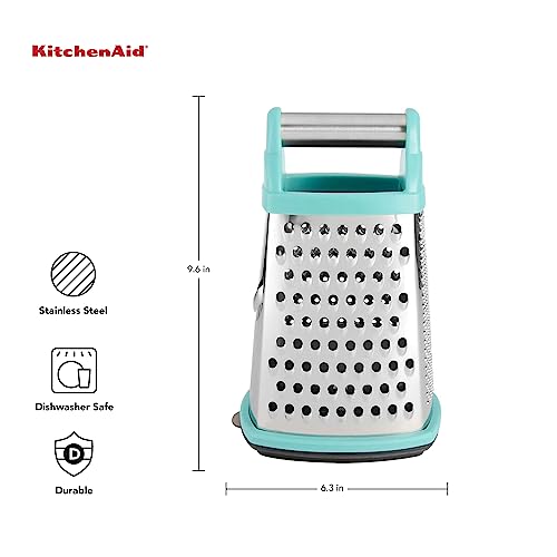 KitchenAid Gourmet 4-Sided Stainless Steel Box Grater with Detachable Storage Container, 10 inches tall, Aqua