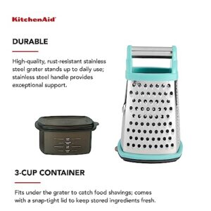 KitchenAid Gourmet 4-Sided Stainless Steel Box Grater with Detachable Storage Container, 10 inches tall, Aqua