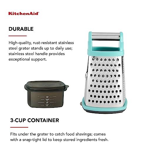 KitchenAid Gourmet 4-Sided Stainless Steel Box Grater with Detachable Storage Container, 10 inches tall, Aqua