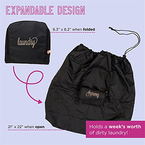 Miamica Foldable Travel Laundry Bag, Black & Rose Gold – Measures 21” x 22” When Fully Opened – Foldable Laundry Bag with Drawstring Closure – Durable, Lightweight Travel Accessories