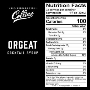 Collins Orgeat Syrup, Orgeat Simple Syrup, Real Sugar Cocktail Syrups, Soda Water Flavors, Cocktail Mixers, 32 Ounces, Set of 1