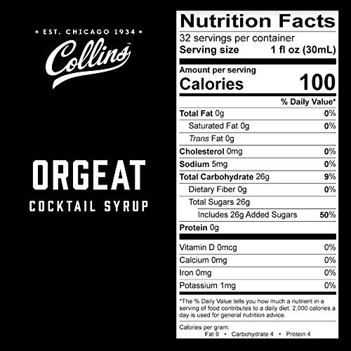 Collins Orgeat Syrup, Orgeat Simple Syrup, Real Sugar Cocktail Syrups, Soda Water Flavors, Cocktail Mixers, 32 Ounces, Set of 1