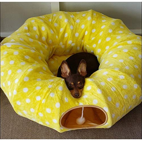 AUOON Cat Tunnel Bed with Central Mat,Big Tube Playground Toys,Soft Plush Material,Full Moon Shape for Kitten,Cat,Puppy,Rabbit,Ferret,Yellow