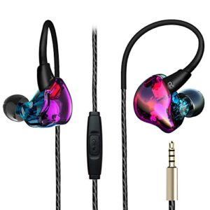 over ear earbuds, running sport in ear buds bass noise isolating colorful headphones with flexible earhook and mic for teen young youth wired earphones for gym workout exercise jogging