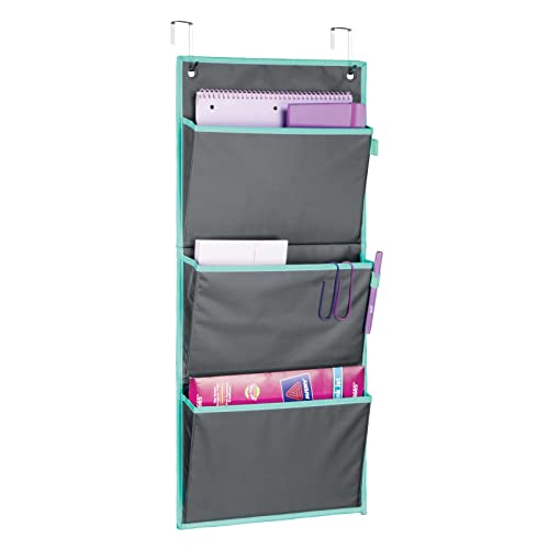 mDesign Soft Fabric Wall Mount/Over Door Hanging Storage Organizer - 3 Large Pockets - Holds Office Supplies, Planners, File Folders, Notebooks - Gray/Teal Blue