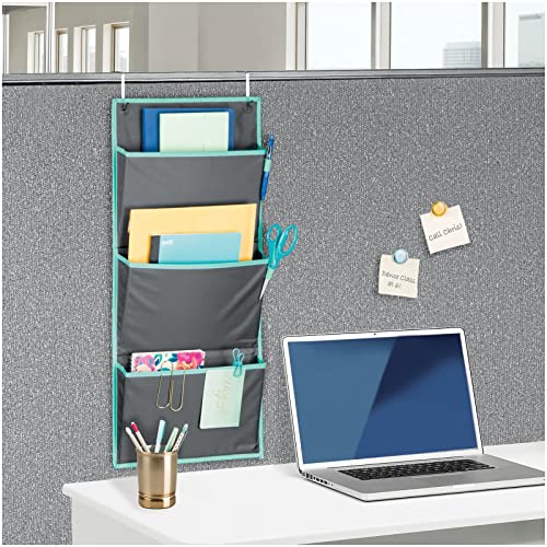 mDesign Soft Fabric Wall Mount/Over Door Hanging Storage Organizer - 3 Large Pockets - Holds Office Supplies, Planners, File Folders, Notebooks - Gray/Teal Blue