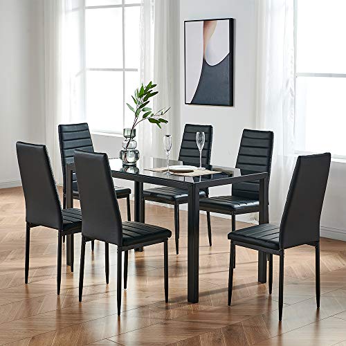 Mecor 7 Piece Glass Kitchen Dining Table Set, Glass Top Table with 6 Faux Leather Chairs Breakfast Furniture,Black