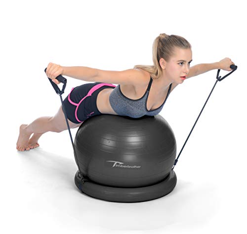 Timberbrother Exercise Ball Chair with Resistance Bands Workout Poster 16.5”x 22.4”,Stability Ball Base for Gym and Home Exercise(Black with Ring & Bands)