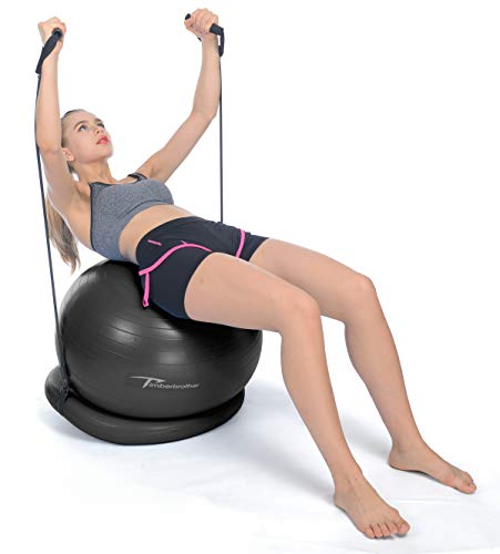 Timberbrother Exercise Ball Chair with Resistance Bands Workout Poster 16.5”x 22.4”,Stability Ball Base for Gym and Home Exercise(Black with Ring & Bands)