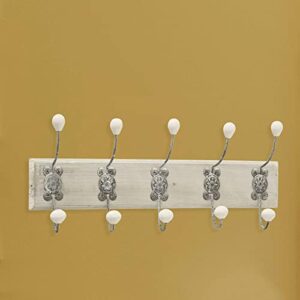 French Country House Wall Rack, 5 Hooks, Shabby Distressed Finish, Rustic White, Weathered Gray Wood, Vintage Inspired, Porcelain Caps, 22.75 L x 4.75 W x 8.25 H Inches