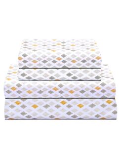 feather & stitch softest 100% cotton sheets, queen size sheet sets, 4 pc set, 300 thread count percale weave bedding, 16" deep pocket, cooling sheets, breathable bed set (yellow diamond)