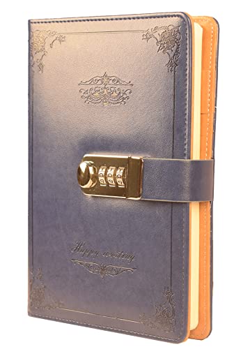 JunShop Digital Password Journal with Lock Retro Privacy Diary with Combination Lock Leather Binder Notebook Locking Journal Diary(Blue)