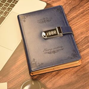 JunShop Digital Password Journal with Lock Retro Privacy Diary with Combination Lock Leather Binder Notebook Locking Journal Diary(Blue)