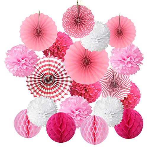 Cocodeko Hanging Set, Tissue Paper Poms Flower Fan and Honeycomb Balls for Birthday Baby Shower Wedding Festival Decorations-Pink, 3 Gram