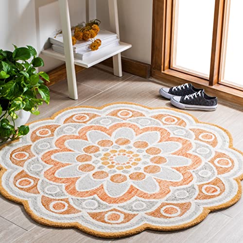 SAFAVIEH Novelty Collection Area Rug - 4' Round, Grey & Rust, Handmade Boho Flower Wool, Ideal for High Traffic Areas in Living Room, Bedroom (NOV101C)