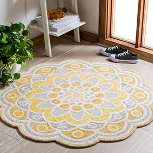 SAFAVIEH Novelty Collection Area Rug - 4' Round, Grey & Rust, Handmade Boho Flower Wool, Ideal for High Traffic Areas in Living Room, Bedroom (NOV101C)