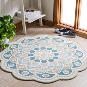 SAFAVIEH Novelty Collection Area Rug - 4' Round, Grey & Rust, Handmade Boho Flower Wool, Ideal for High Traffic Areas in Living Room, Bedroom (NOV101C)