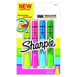 sharpie ink indicator tank highlighters, chisel tip, assorted fluorescent, 4 count (2021244)