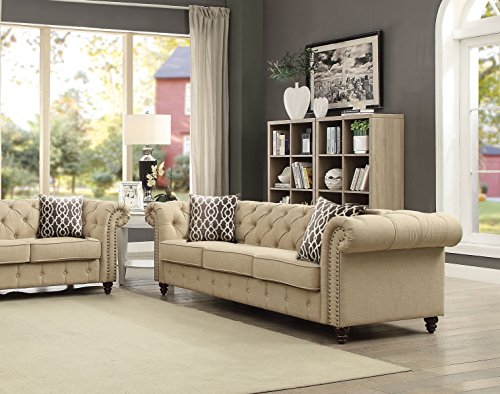 ACME Aurelia Beige Linen Sofa with 2 Pillows