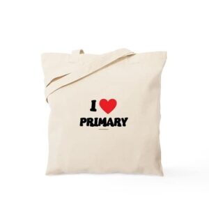 cafepress i love primary lds clothing lds t shirts tote natural canvas tote bag, reusable shopping bag