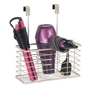 mdesign steel over cabinet/door hair dryer holder storage, hair styling tool organizer basket for bathroom - hair blow dryer, flat iron, curling wand, hair straightener, linelle collection - satin